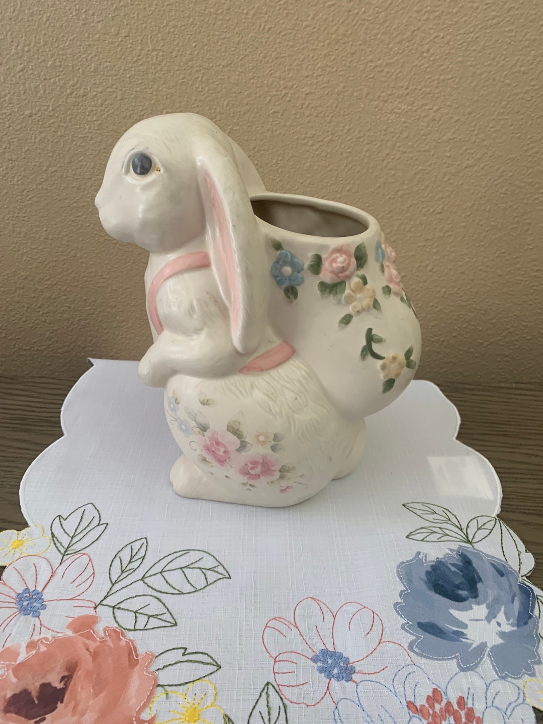Pfaltzgraff Tea Rose Bunny Vase Planter Utensil Caddy 60 Dollar Retail ...