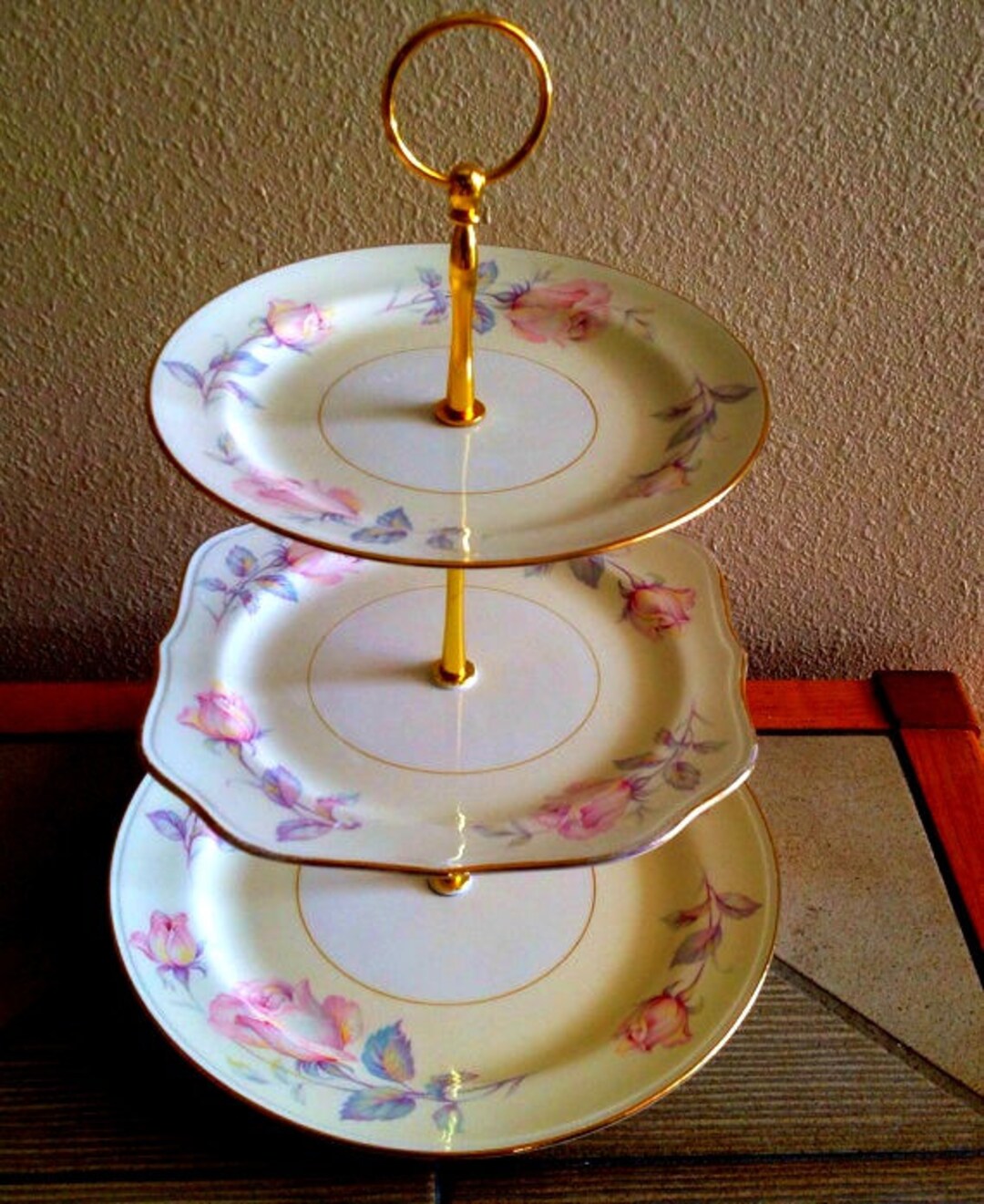 3 Tier Cake Plate Stand Cupcake Dessert Server Tidbit Pastel Pink Rose ...