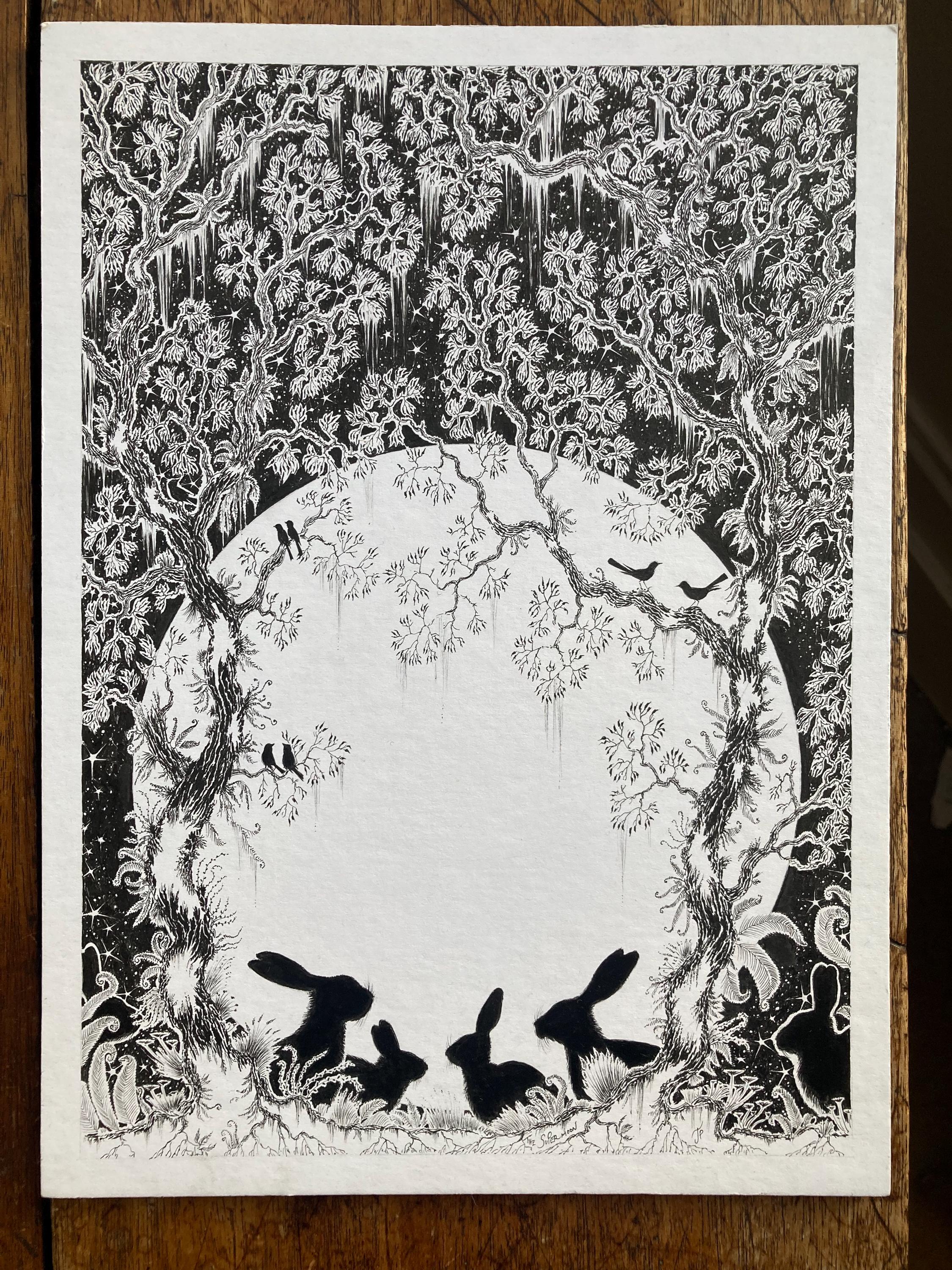 Rabbit Moon Illustration Unframed and Pen and Ink Animals Beautiful Art ...
