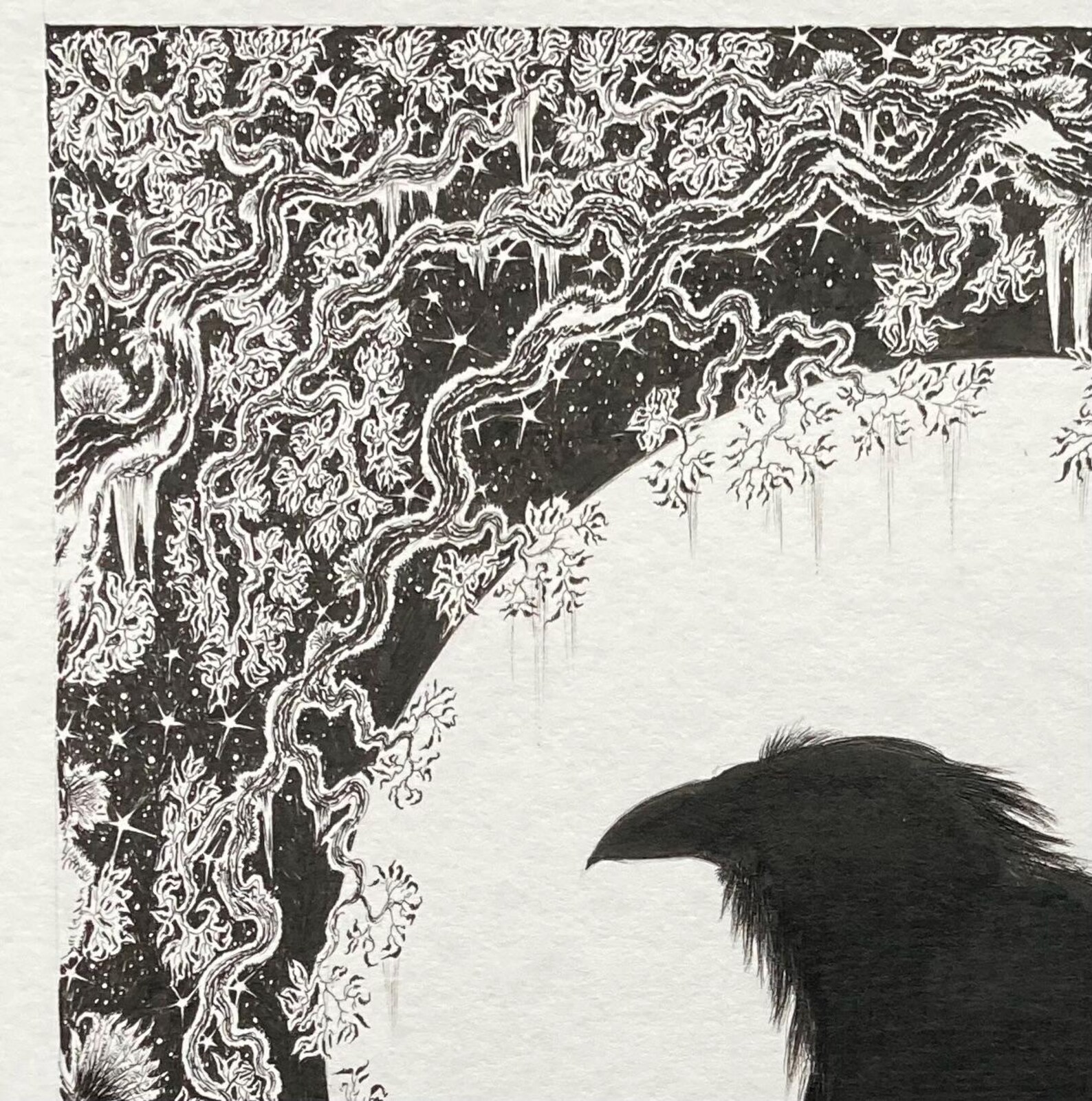 Crow and Moon Silhouette Pen and Ink Drawing Unframed Original Black ...