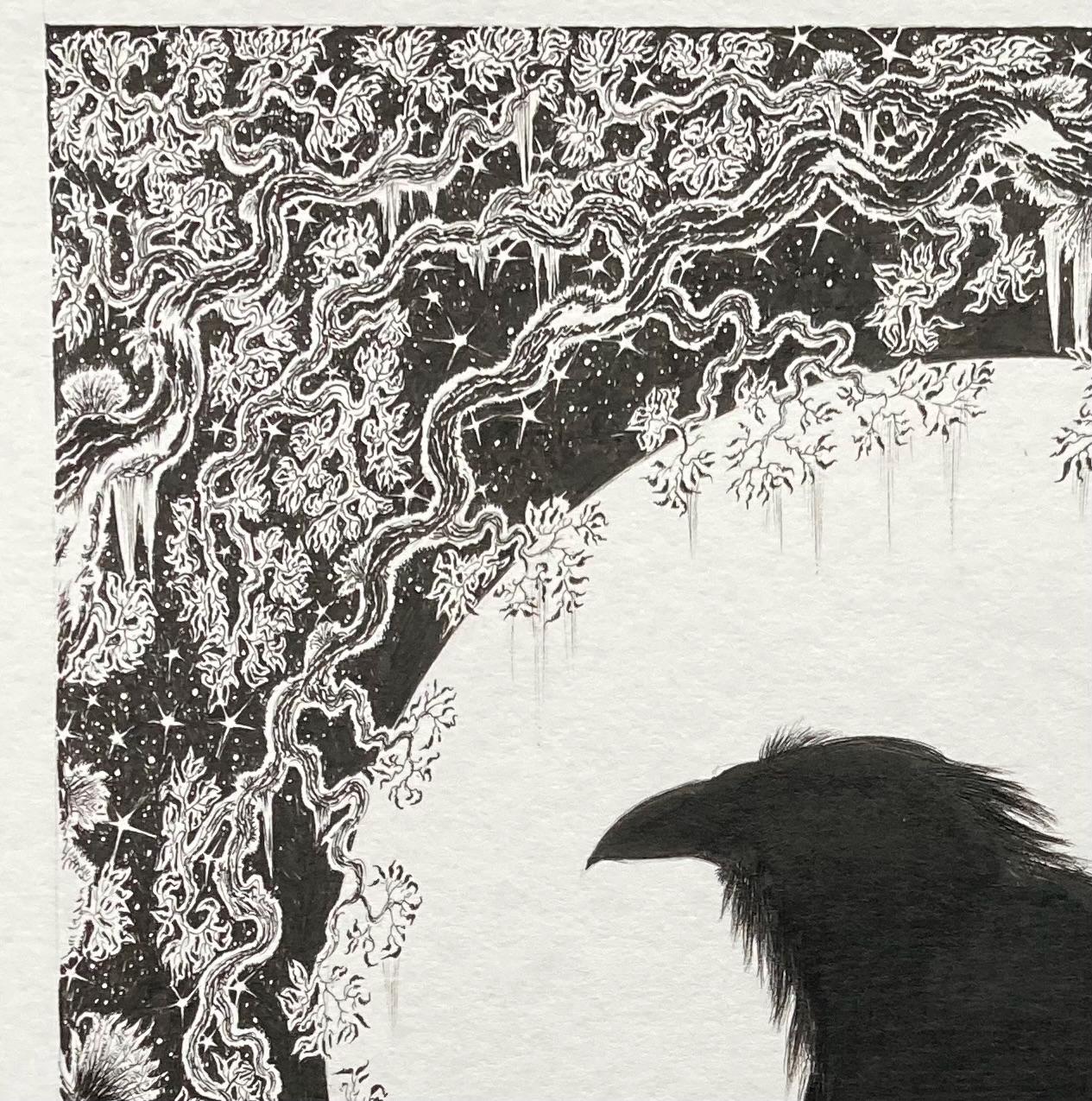 Crow and Moon Silhouette Pen and Ink Drawing Unframed Original Black ...