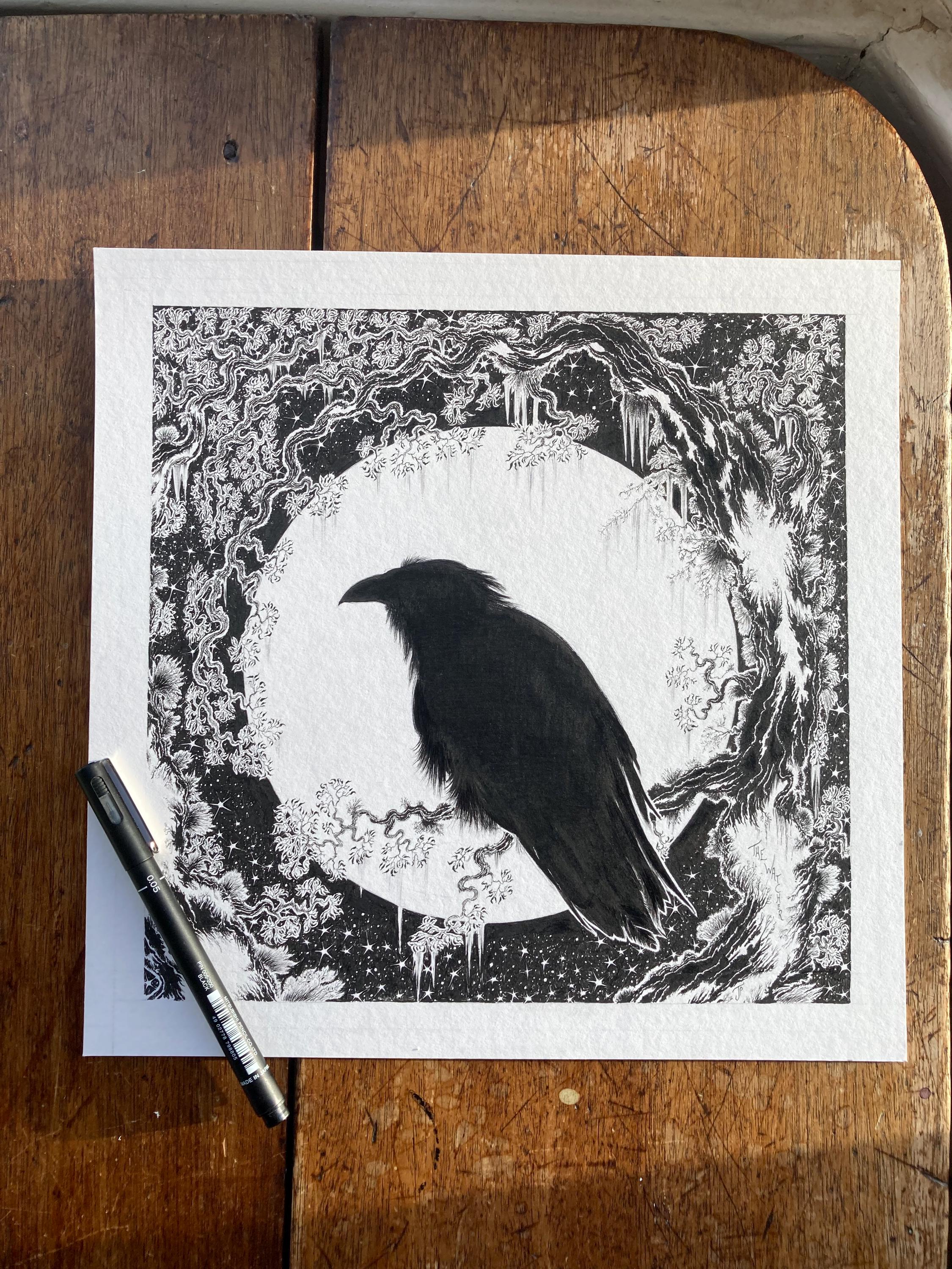 Crow and Moon Silhouette Pen and Ink Drawing Unframed Original Black ...