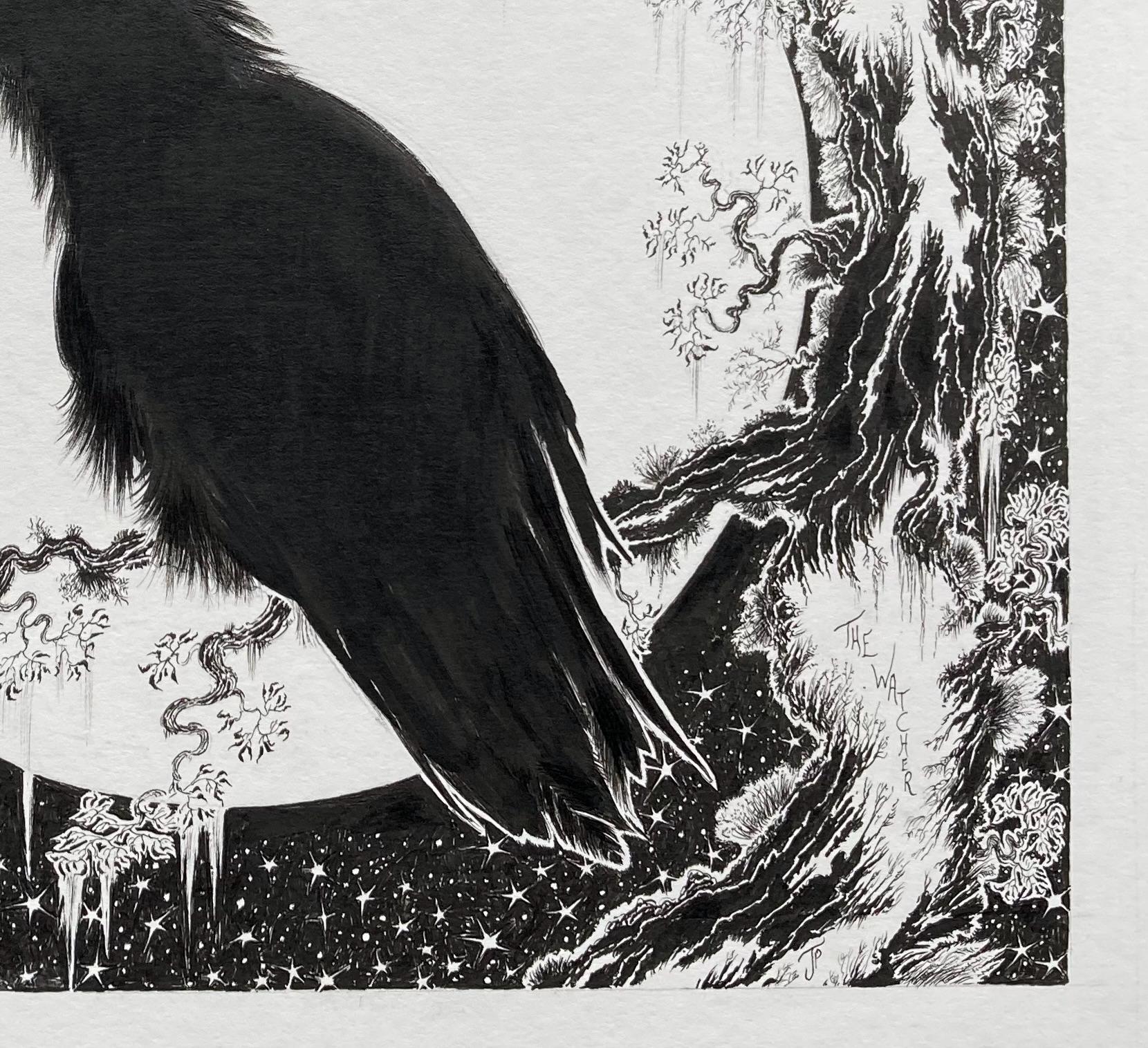 Crow and Moon Silhouette Pen and Ink Drawing Unframed Original Black ...