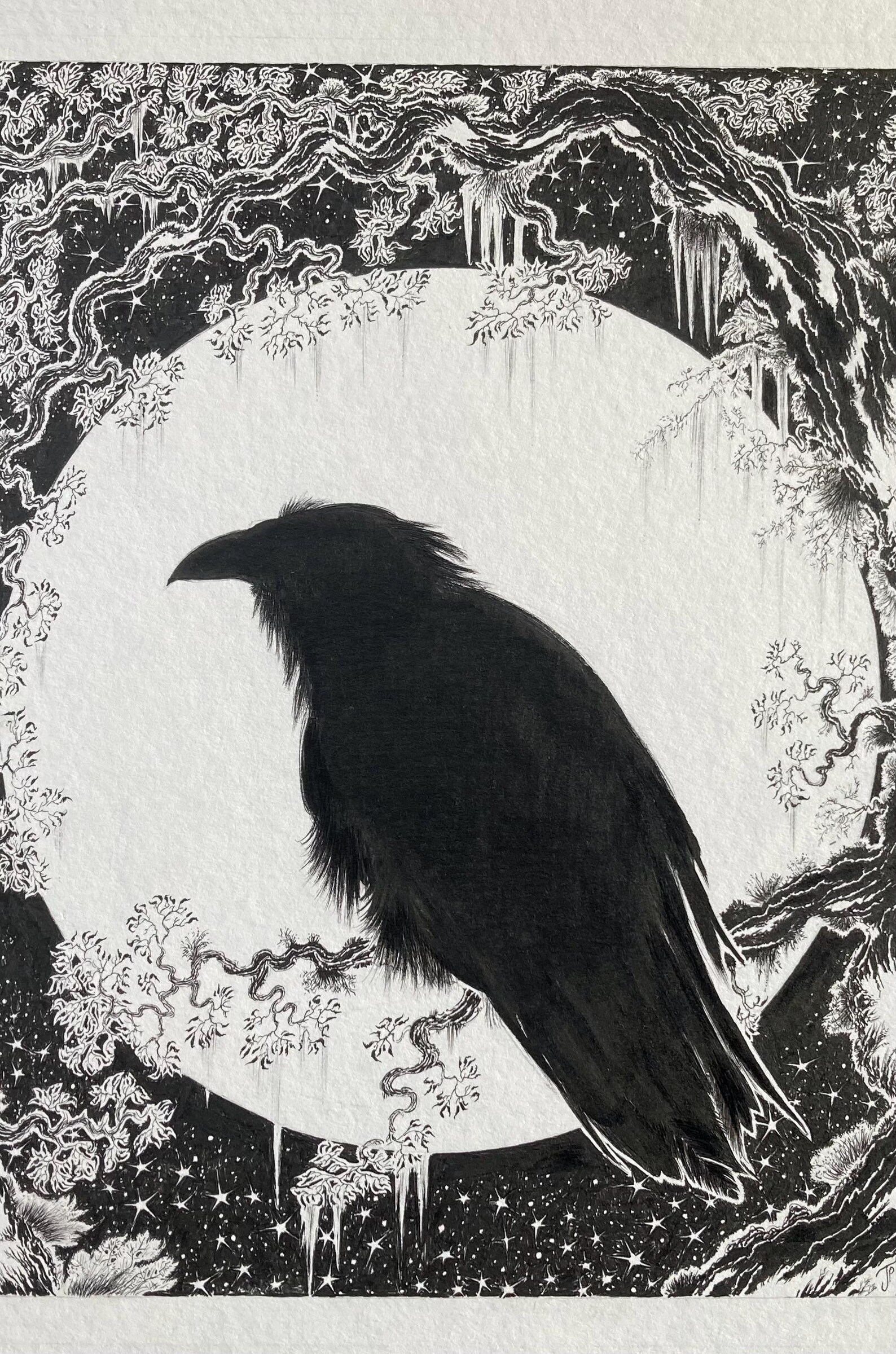 Crow and Moon Silhouette Pen and Ink Drawing Unframed Original Black ...