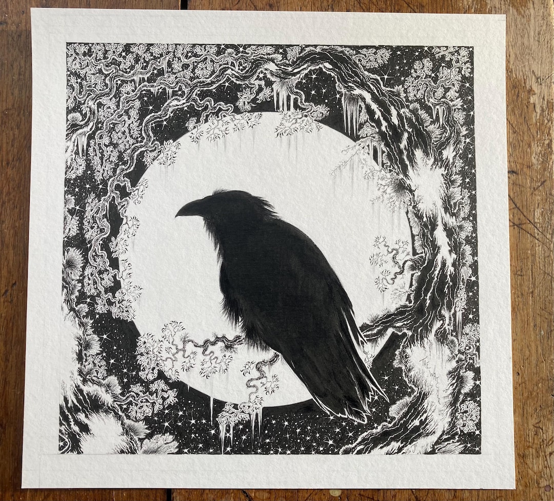Crow and Moon Silhouette Pen and Ink Drawing Unframed Original Black ...