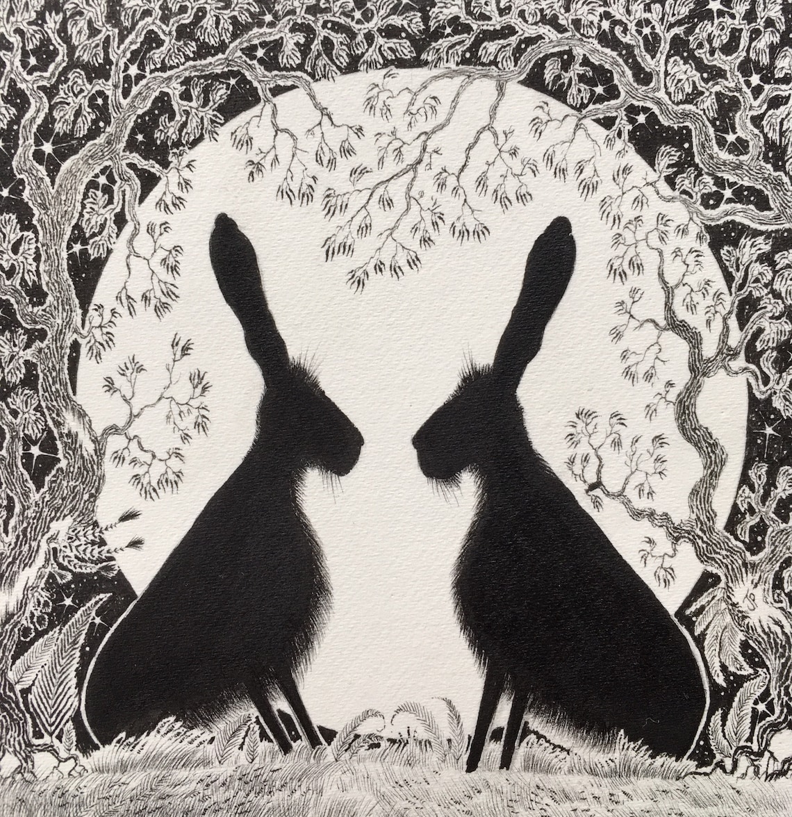 Hare Ink Drawing and Silhouette Black and White and Pen Illustration ...