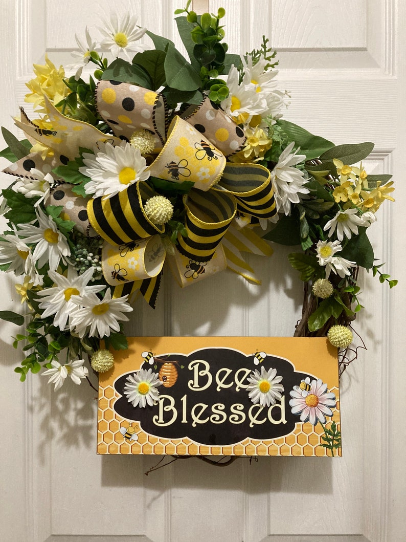 Bee Welcome Bee Wreath With Sign Greenery and Flowers - Etsy