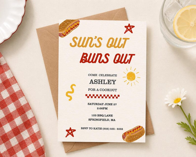 BBQ Cookout Invitation, Sun's Out Buns Out, Editable Canva Template ...