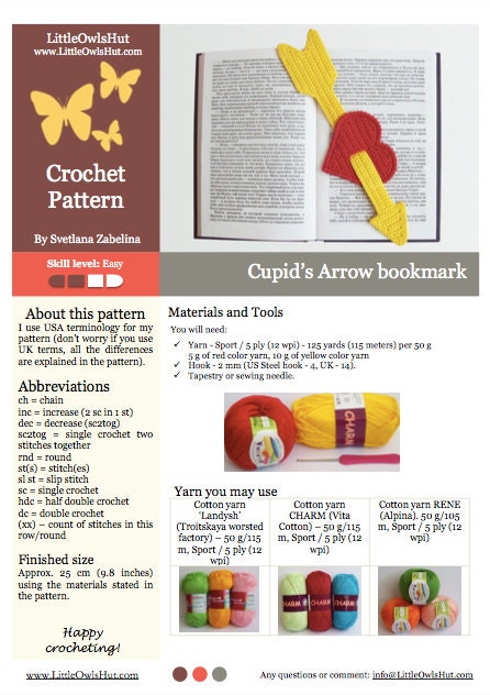 Easy Crochet Pattern – Cupid's Arrow Heart Bookmark (PDF Pattern) [#135 ...