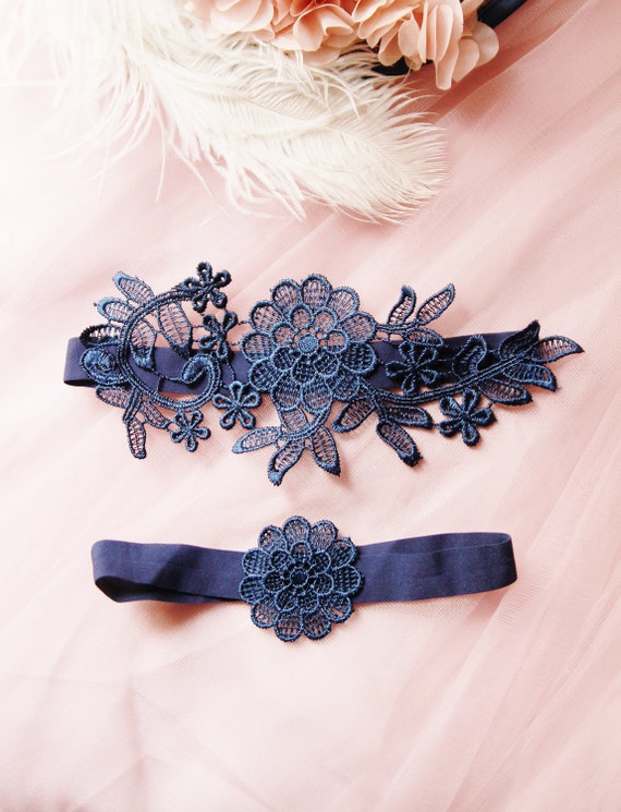 Bridal Garter Wedding Garter Set Something Blue Garter Navy | Etsy