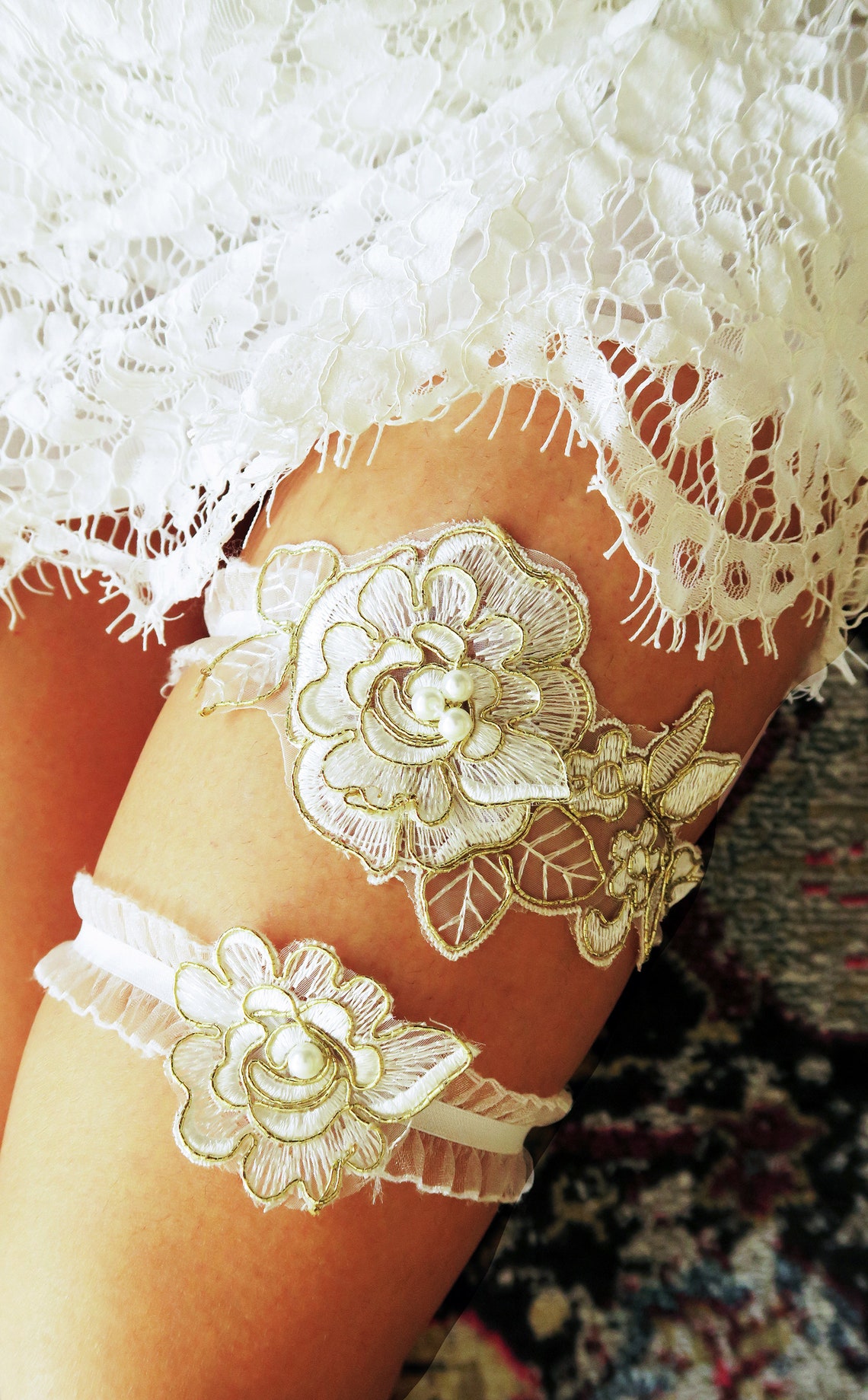 Wedding Garter Bridal Garter Set Gold Ivory Hand Beaded - Etsy