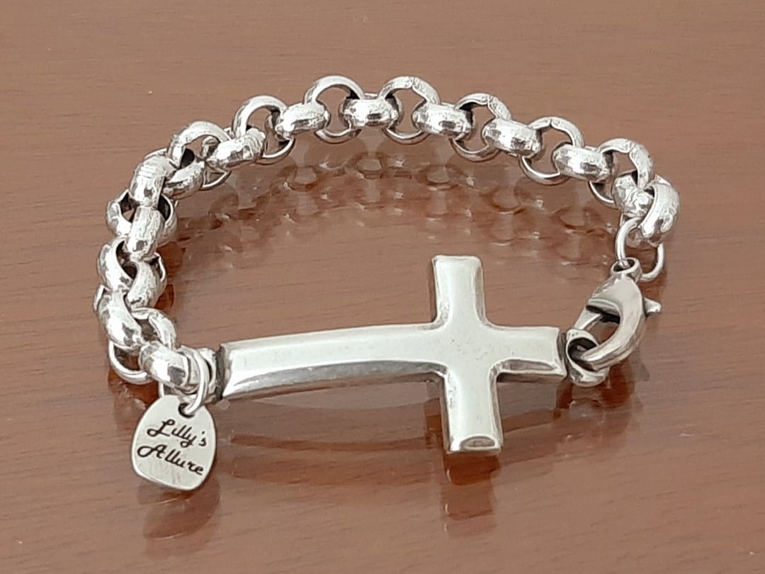 Sterling Silver Plated Cross Bracelet: Chunky Rolo Chain, Unisex Design - Etsy