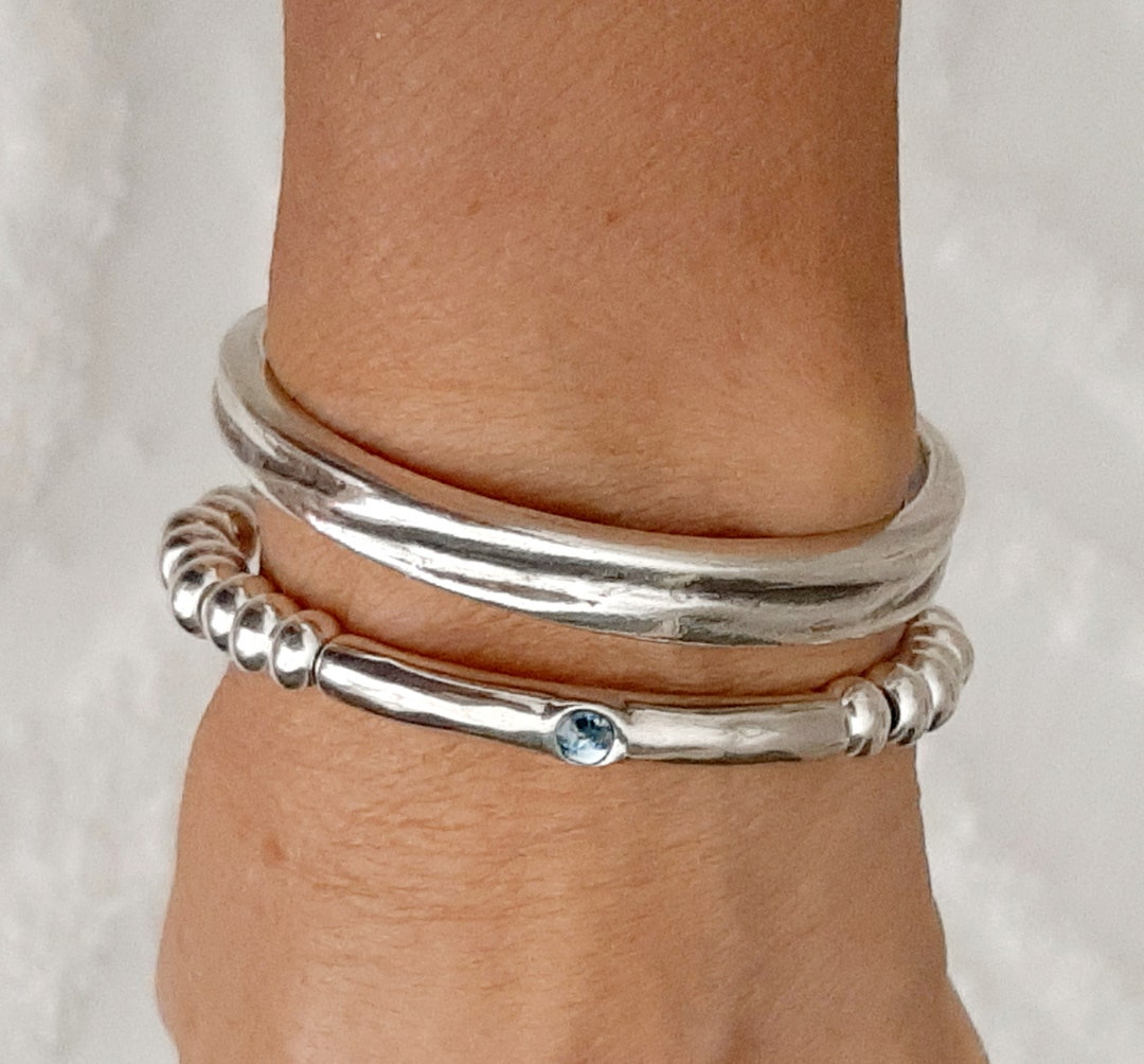 Stackable Sterling Silver Plated Bangle Bracelet Set: Swarovski Crystal ...