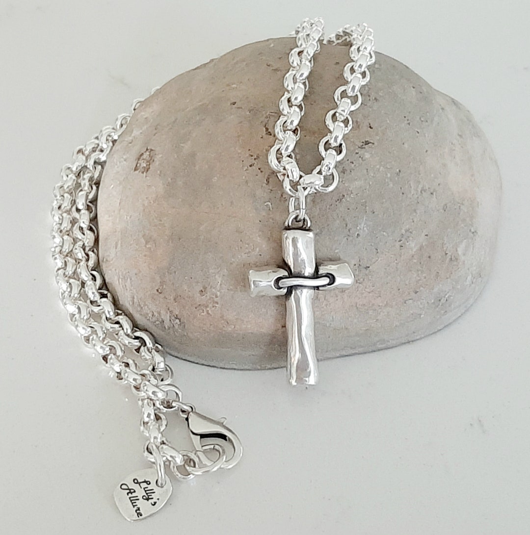 Silver Necklace Chunky Cross 3.5" X 2.3" Rolo Chain Sterling Silver ...