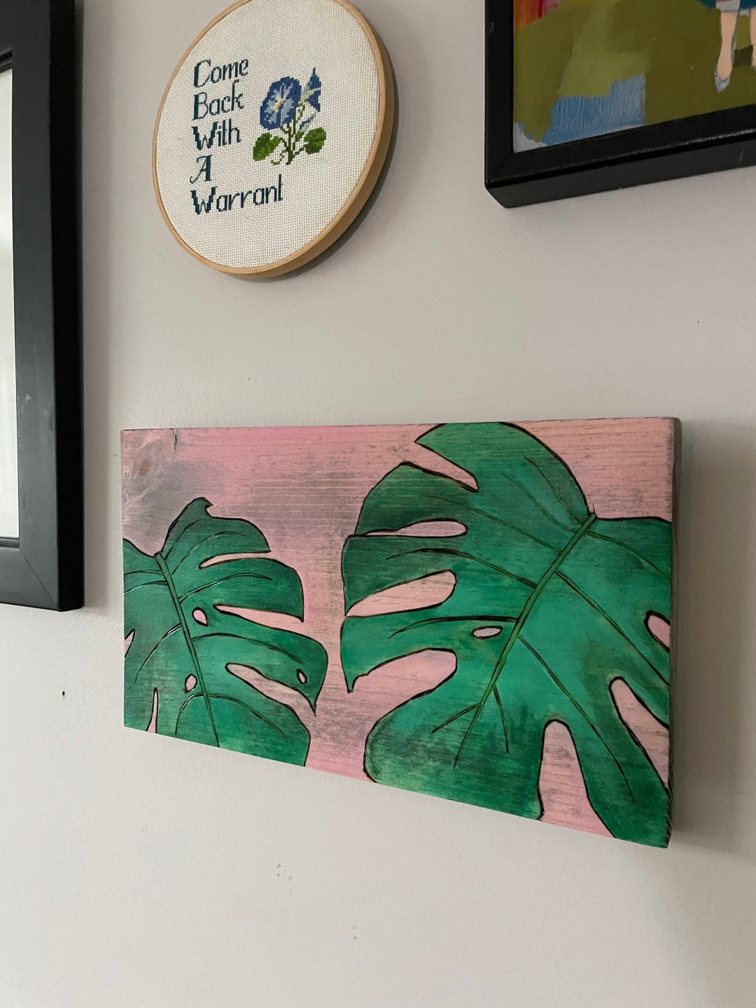 Large wood burned painting: monstera plant with pink background - Etsy ...
