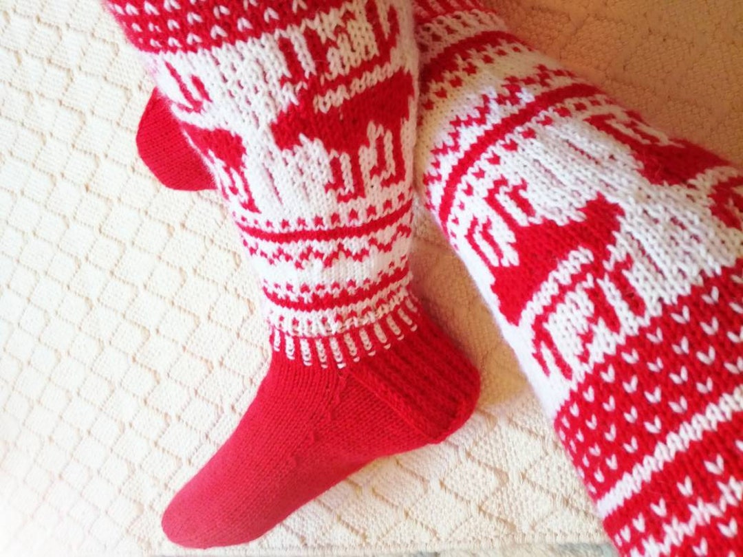 Wool Socks Reindeer Kneehigh Womens Mens Handknit Big Size Warm Cosy ...