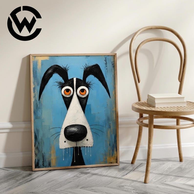 Quirky Dog Face Print, Blue Abstract Animal Art, Whimsical Pet Decor ...
