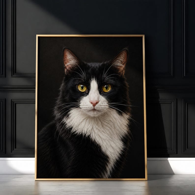 Tuxedo Cat Realistic Portrait Print, Moody Pet Art, Cat Lover Decor ...