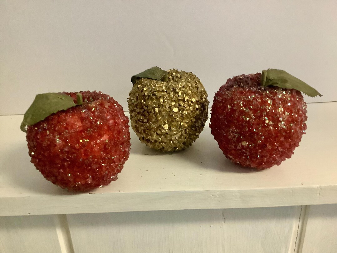 3 Beaded Sugared Fruits, Golden Red Apples, Leaves, Artificial Fruit ...