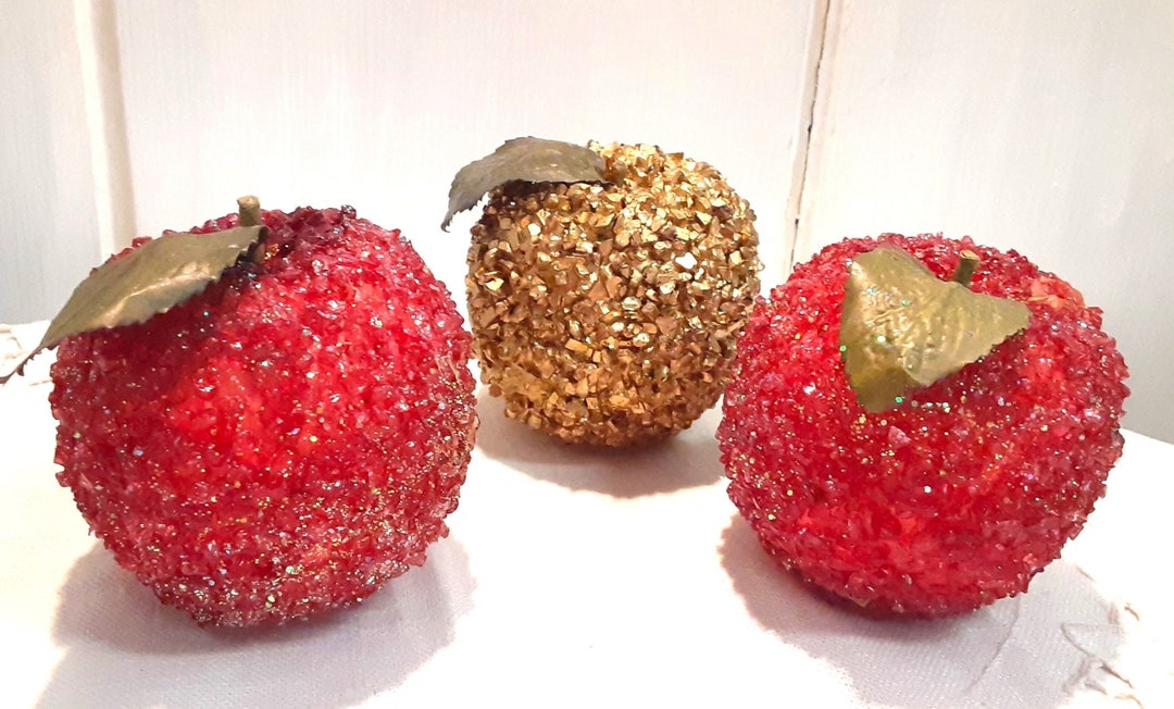 3 Beaded Sugared Fruits, Gold, Red Apples, Leaves, Artificial Fruit ...