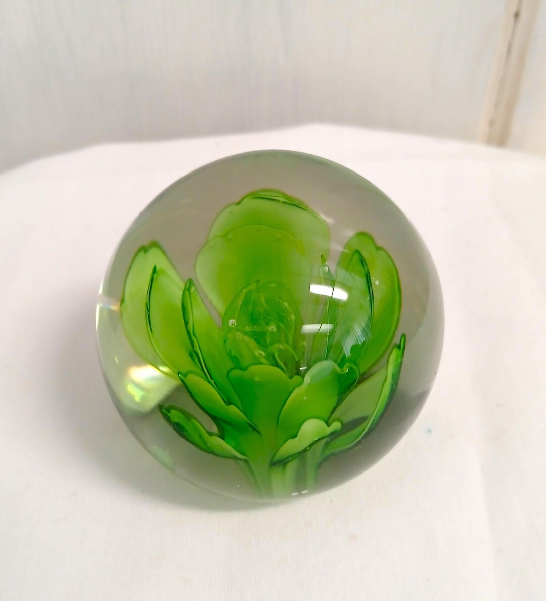 Vintage Blown Glass Paperweight, Green Flower Floral, Gift for Her ...