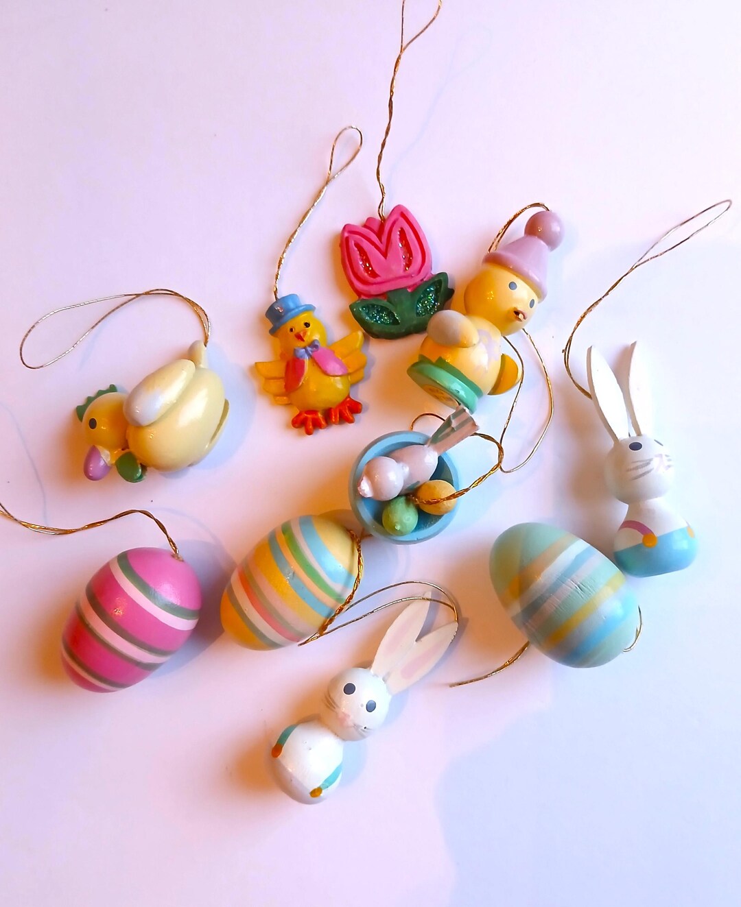 10 Vintage Easter Tree Ornaments Collectibles Small Wooden Bunny ...