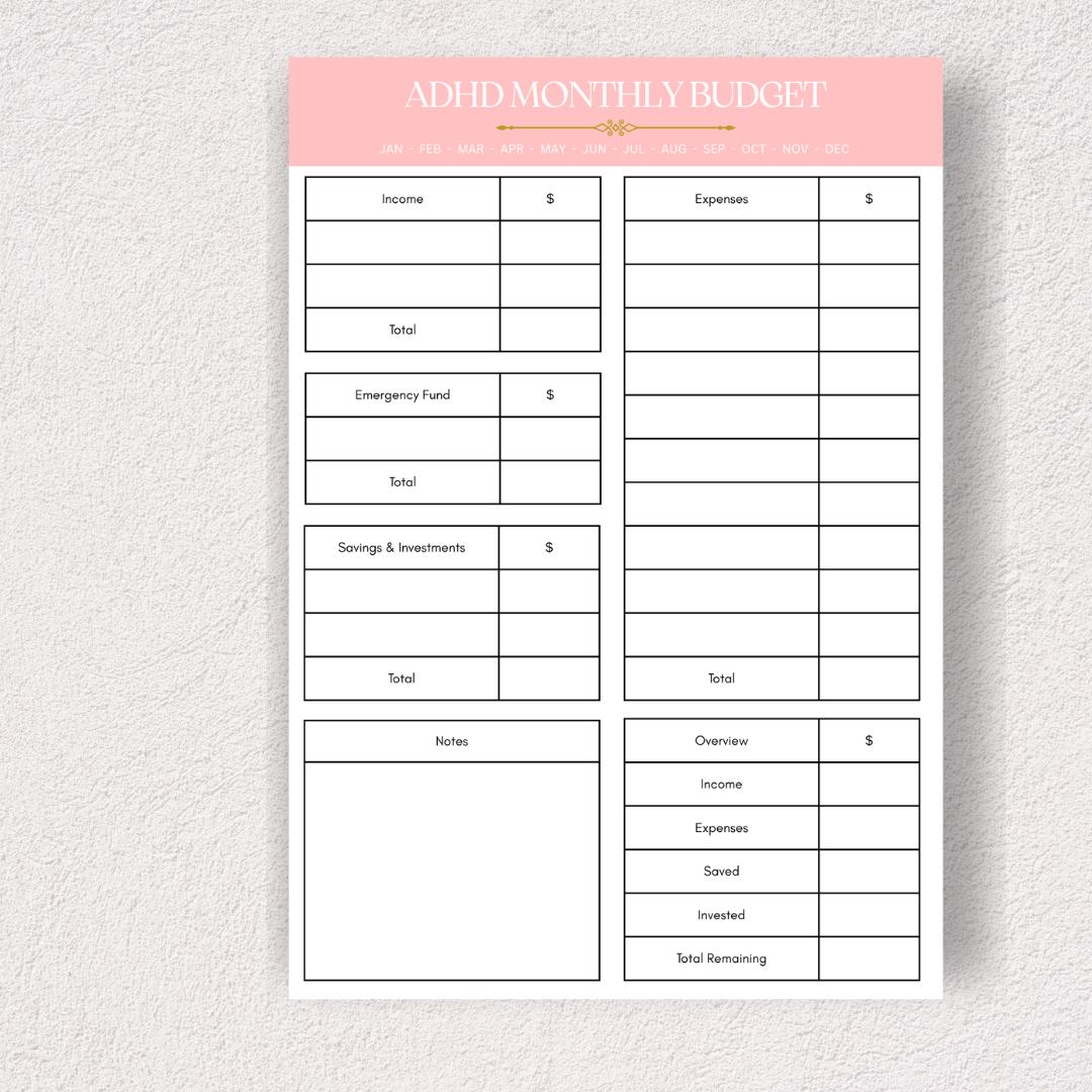 ADHD Budget Planner Printable ADHD Friendly Monthly Budget Sheet Simple ...
