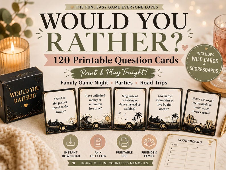 Would You Rather Game Cards, 120 Printable Questions, Party PDF ...