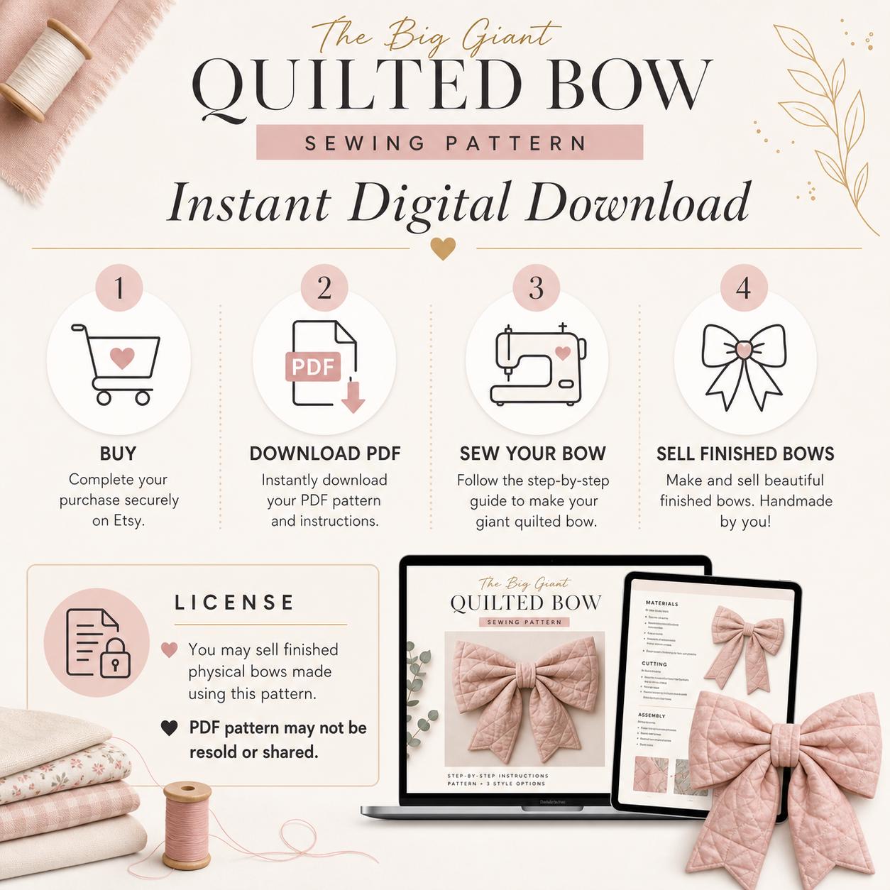 Giant Quilted Bow Sewing Pattern, Beginner Friendly PDF, 3 Style ...