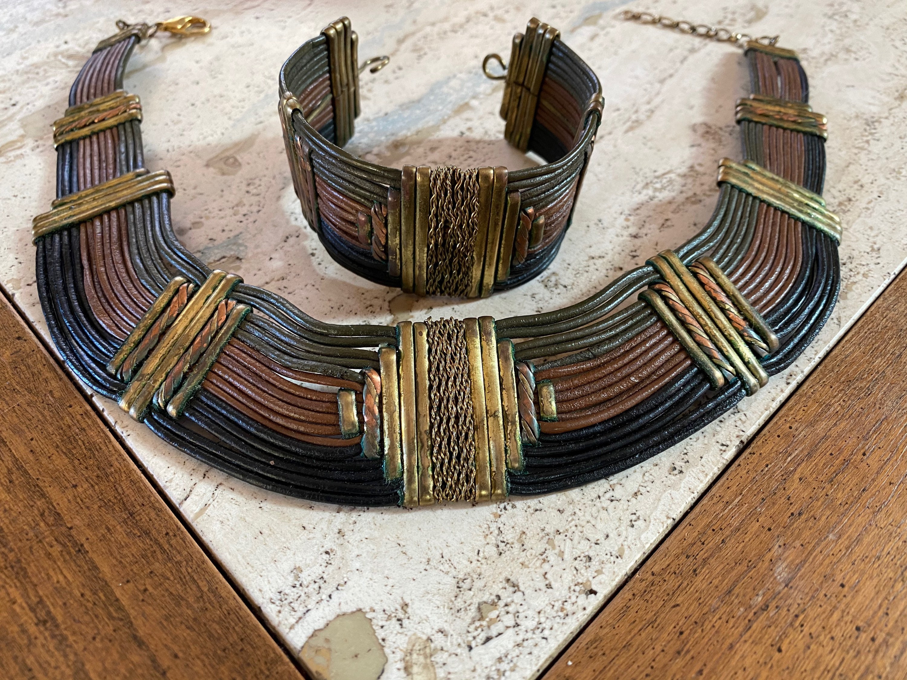 Alexis Kirk 1970s Leather and Metal Necklace and Bracelet Set, Tribal ...