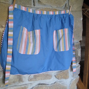Striped Half Apron, Coral, Blue, Yellow, Ric Rac, Reversible, Pockets ...