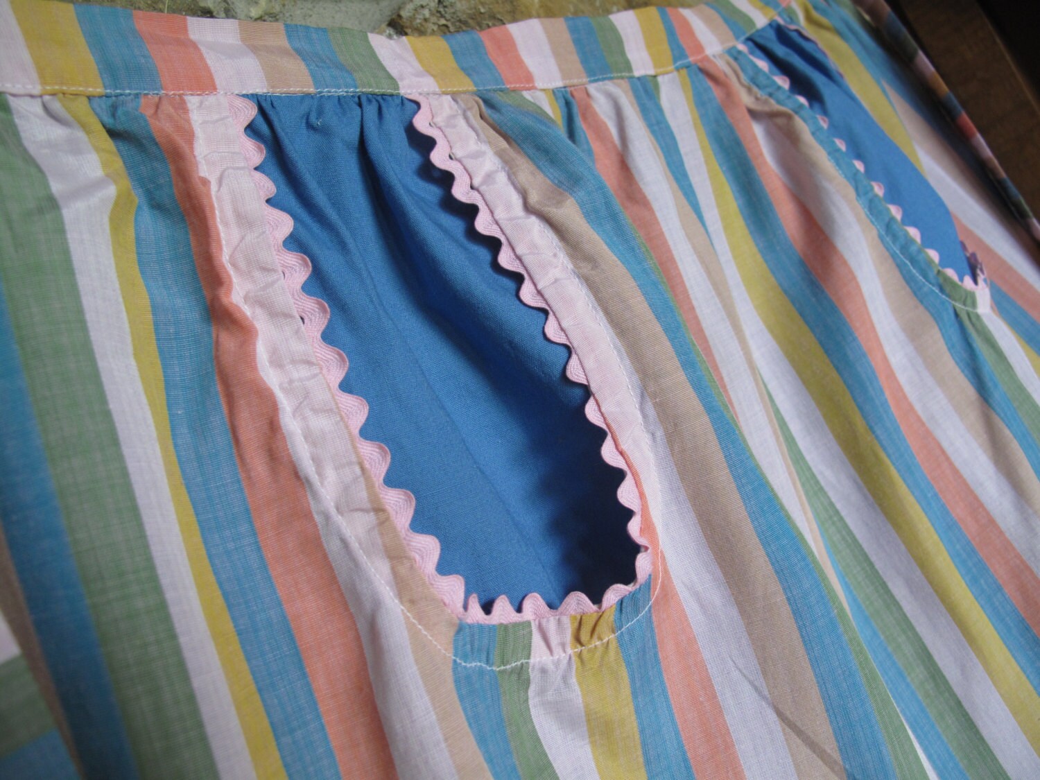 Striped Half Apron Coral Blue Yellow Ric Rac Reversible - Etsy