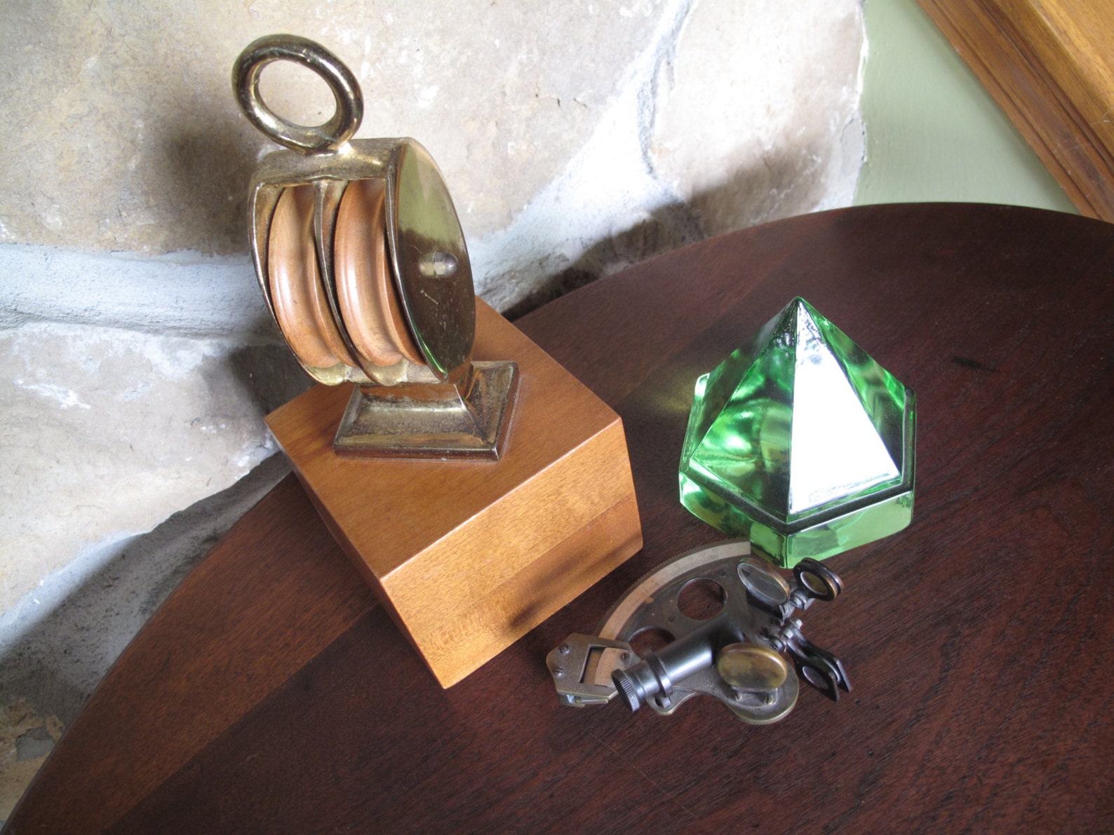 Brass and Wood Block, Desk Accessory, Block and Tackle, Double Sheaved ...