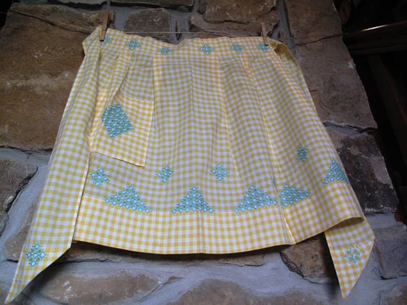 Yellow Gingham Apron With Aqua Embroidery, Light Yellow Checked Apron ...