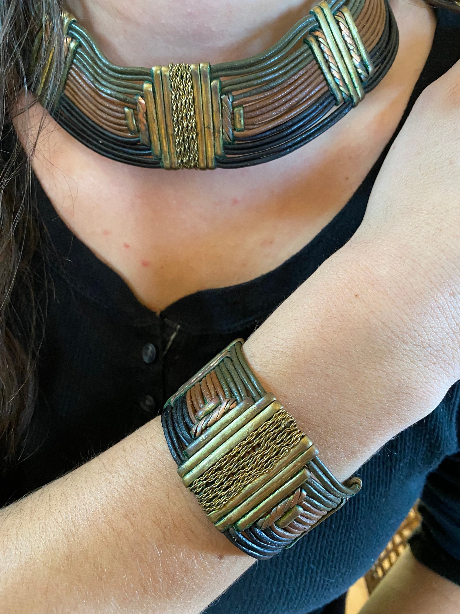 Alexis Kirk 1970s Leather and Metal Necklace and Bracelet Set, Tribal ...