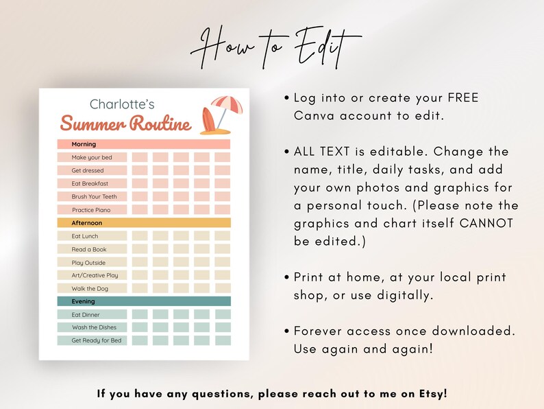 Editable Kids Summer Routine Chart | Daily Schedule Planner Template ...