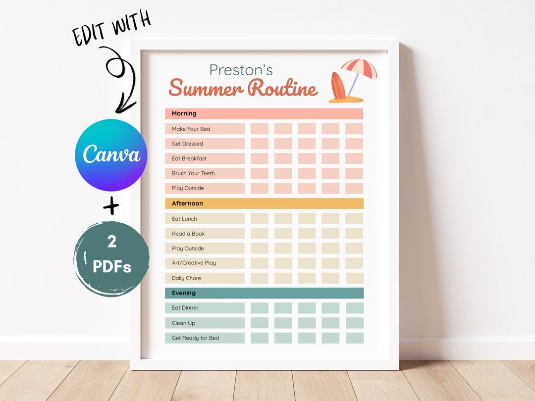 Editable Kids Summer Routine Chart | Daily Schedule Planner Template ...