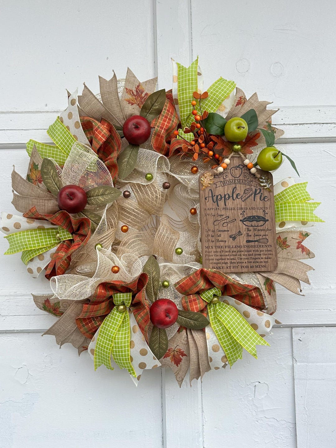 Apple Pie Wreath With Recipe Sign - Fall Front Door Decor - Rustic ...