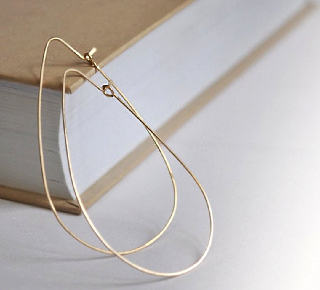 Gold Teardrop Hoop Earrings Elegant Tear Drop Hoops 2.5 Inch 14kt Gold ...