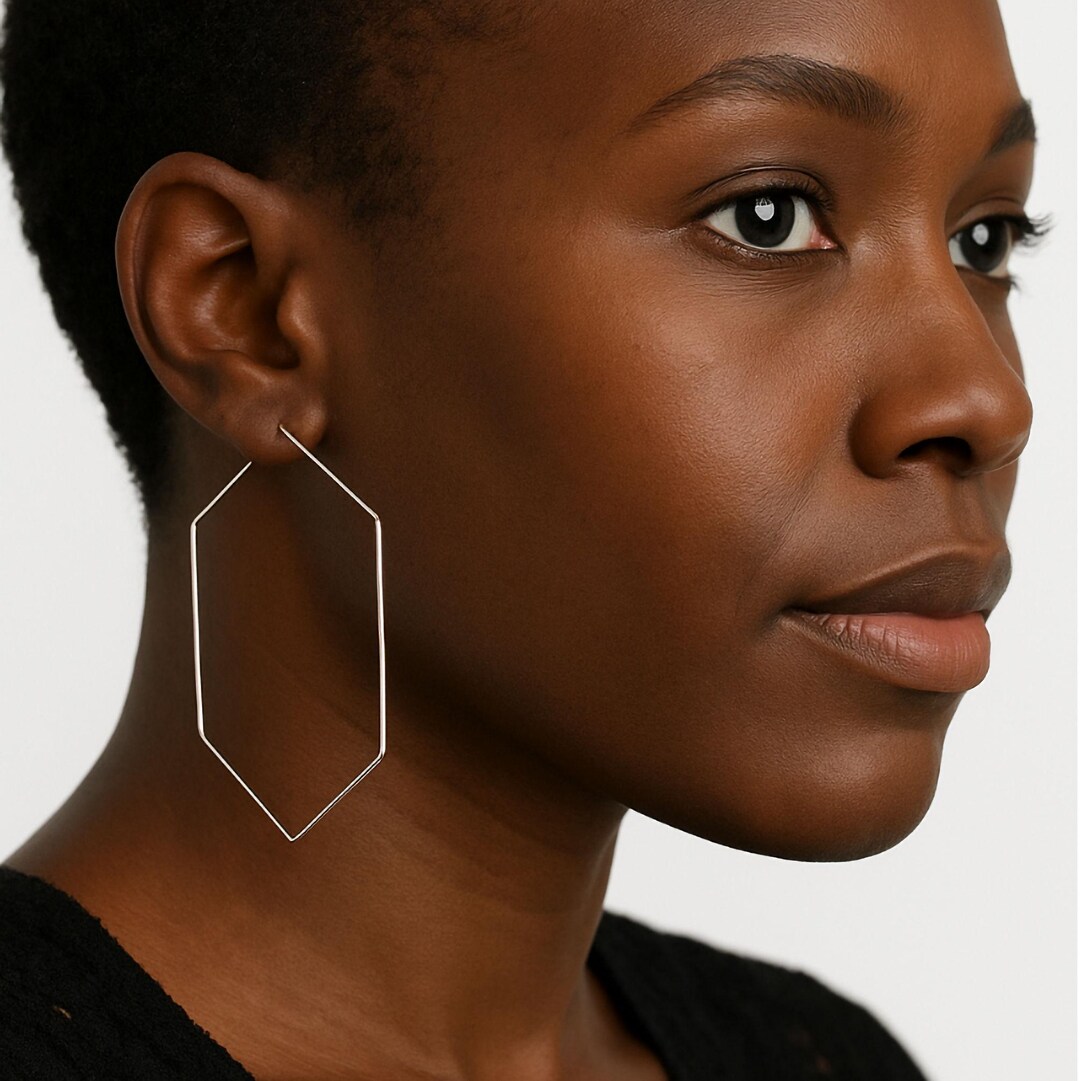 Hexagon Hoops Geometric Hoop Earrings Elongated Hoops Sterling Silver ...