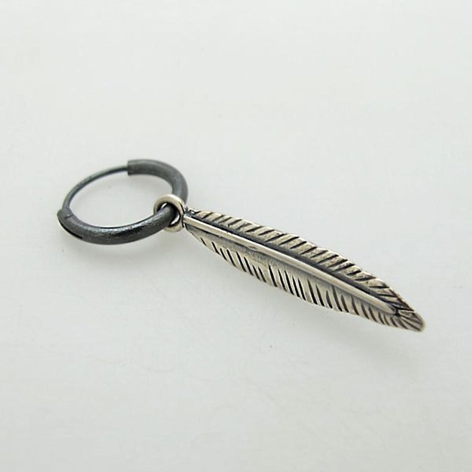 Mens Earring Single Feather Earring for Men Design Drop Black Hoop ...