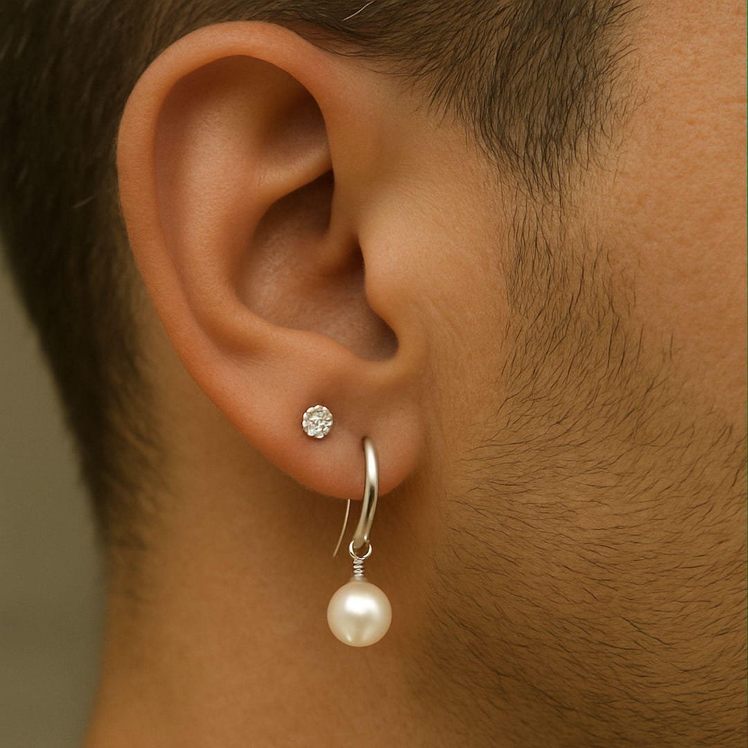 Mens Pearl Earring Dangle Pearl Charm Earring for Men Guys Earring 925 ...