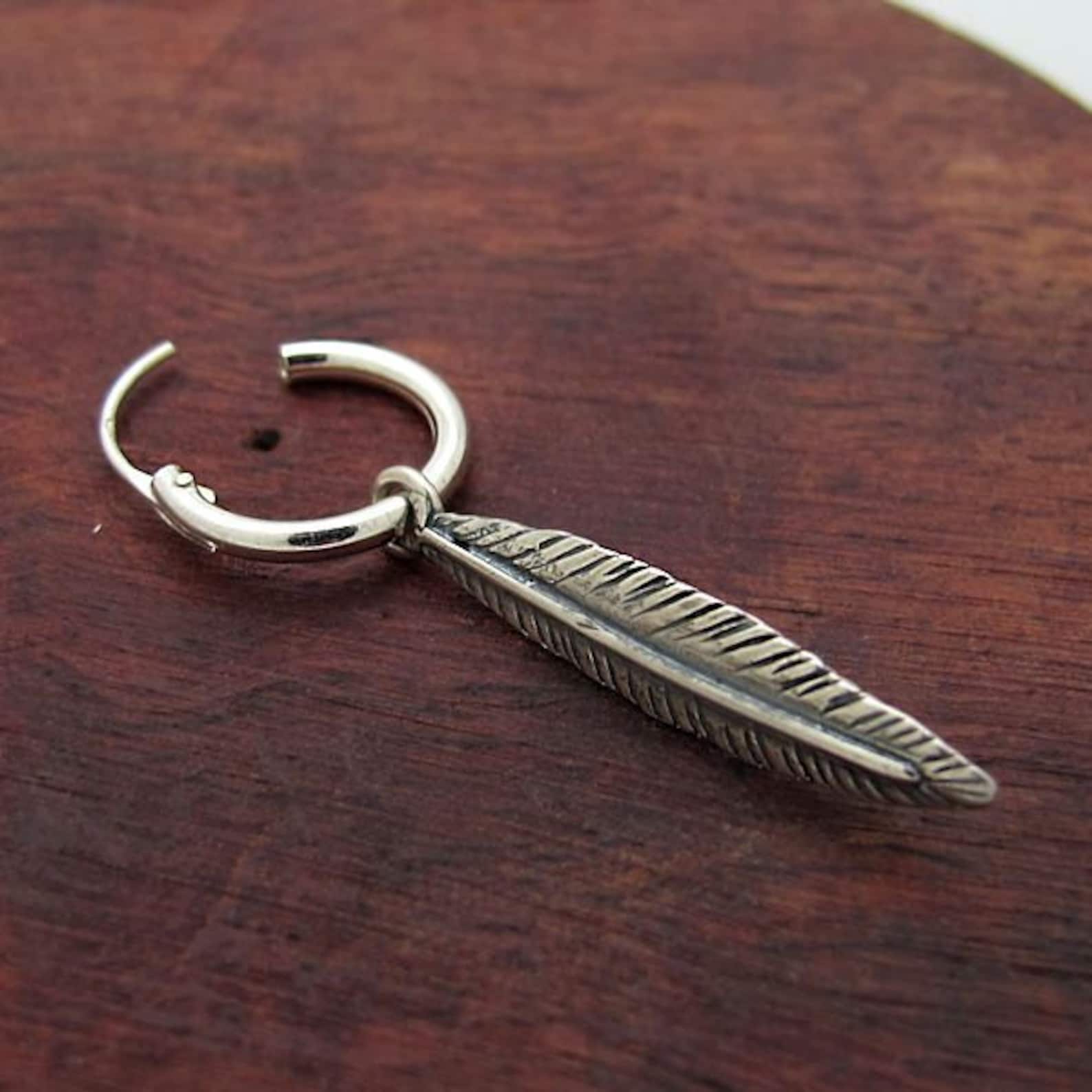 Mens Earring Single Feather Earring for Men Design Drop Black Hoop ...