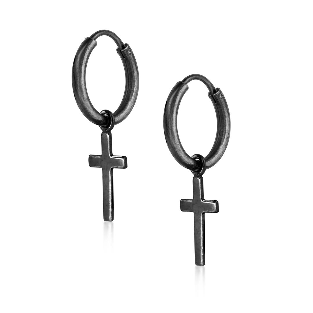 Black Dangling Cross Earrings for Men Cross Dangle Earring Oxidized ...