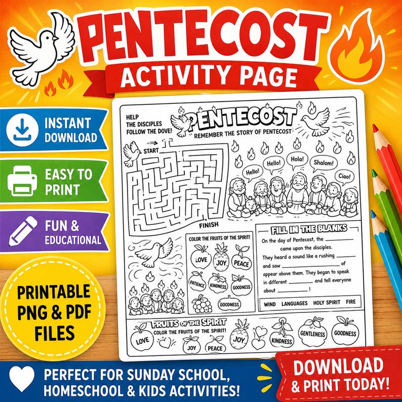 Pentecost Activity Page Bundle Printable | Christian Kids Worksheet ...