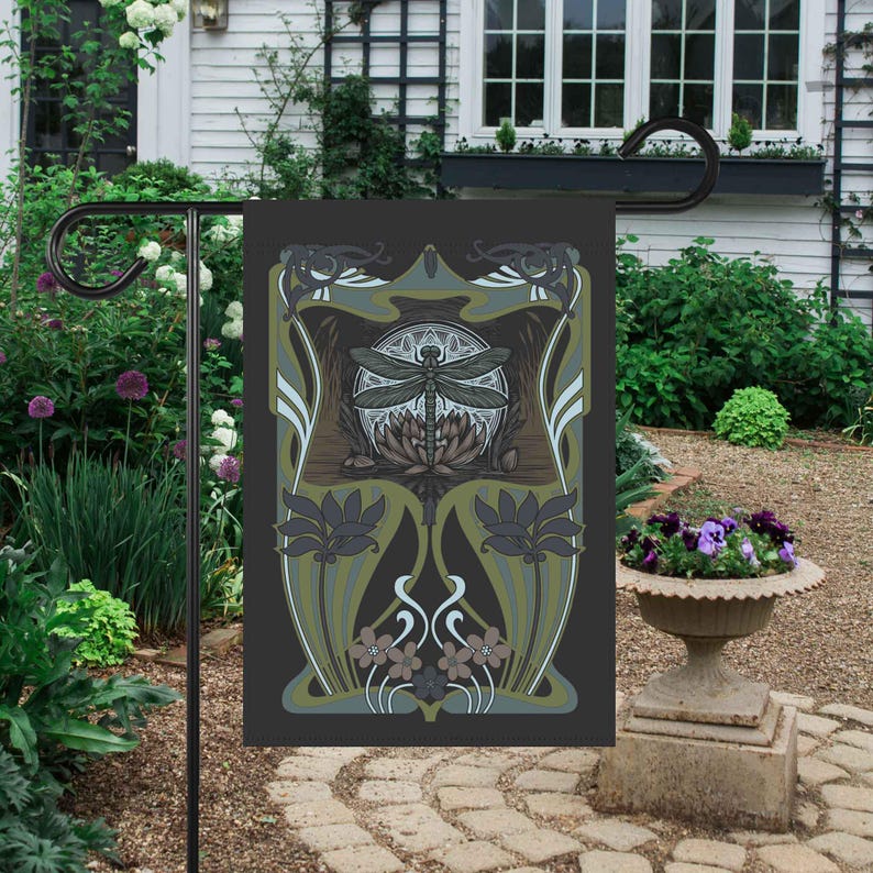 Dragonfly & Lotus Garden Flag, Art Nouveau Lunar Linocut Flag for Boho ...