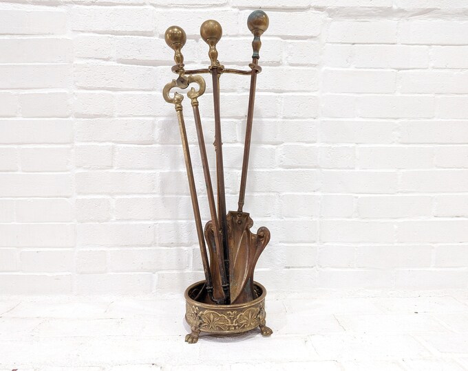 Antique Fireplace Tools Set // Antique Brass Iron Edwardian Victorian ...