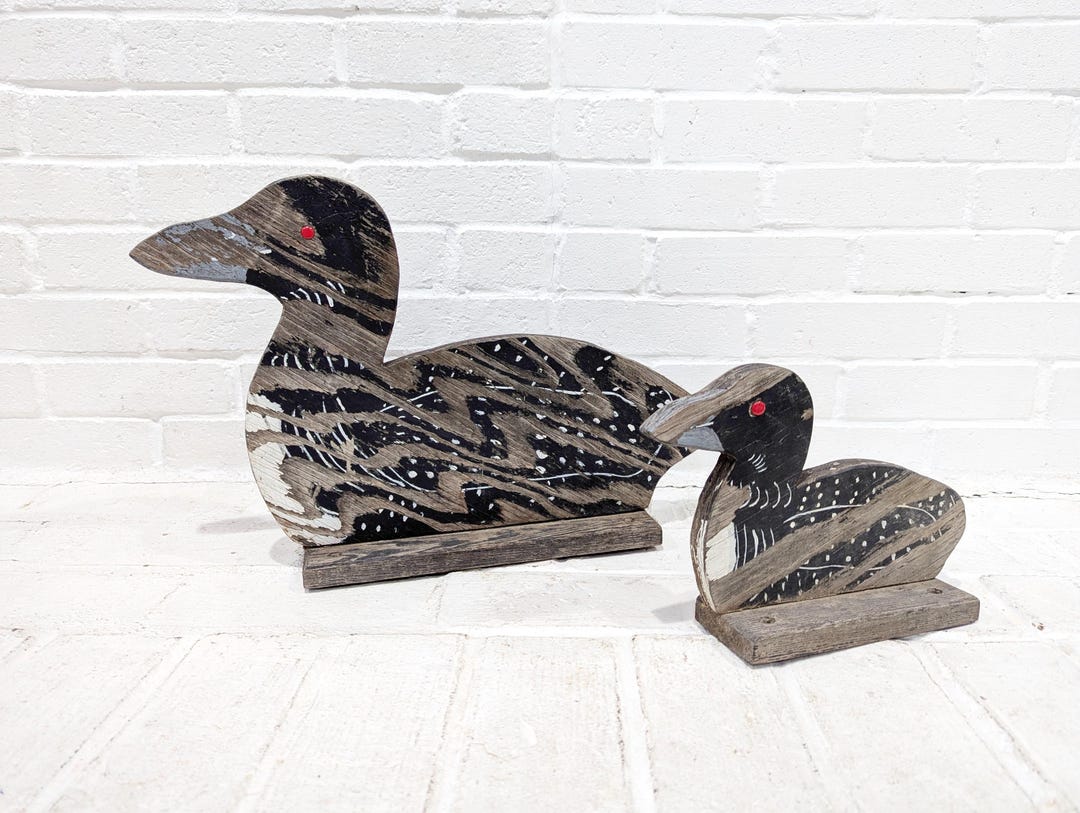 Vintage Wooden Loon Statues // Folk Art Painted Loon Bird Sculptures ...