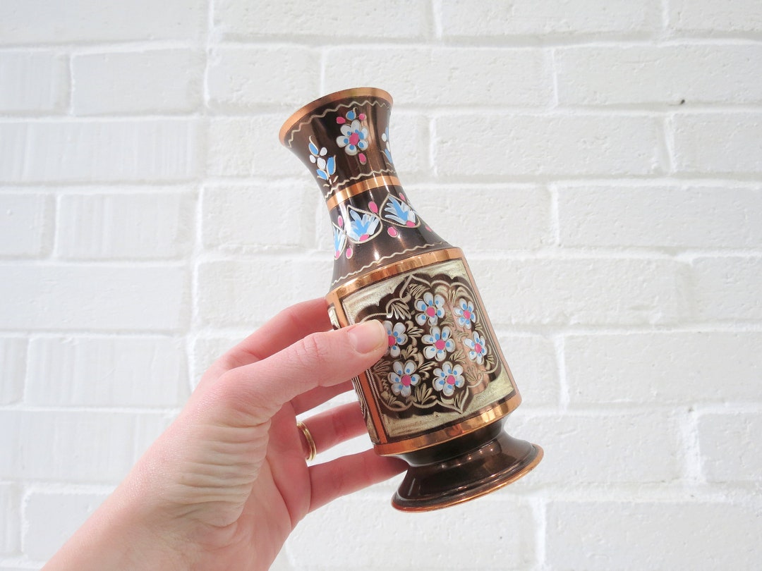 Vintage Painted Copper Vase // Vintage Hand-painted Floral Etched Metal ...