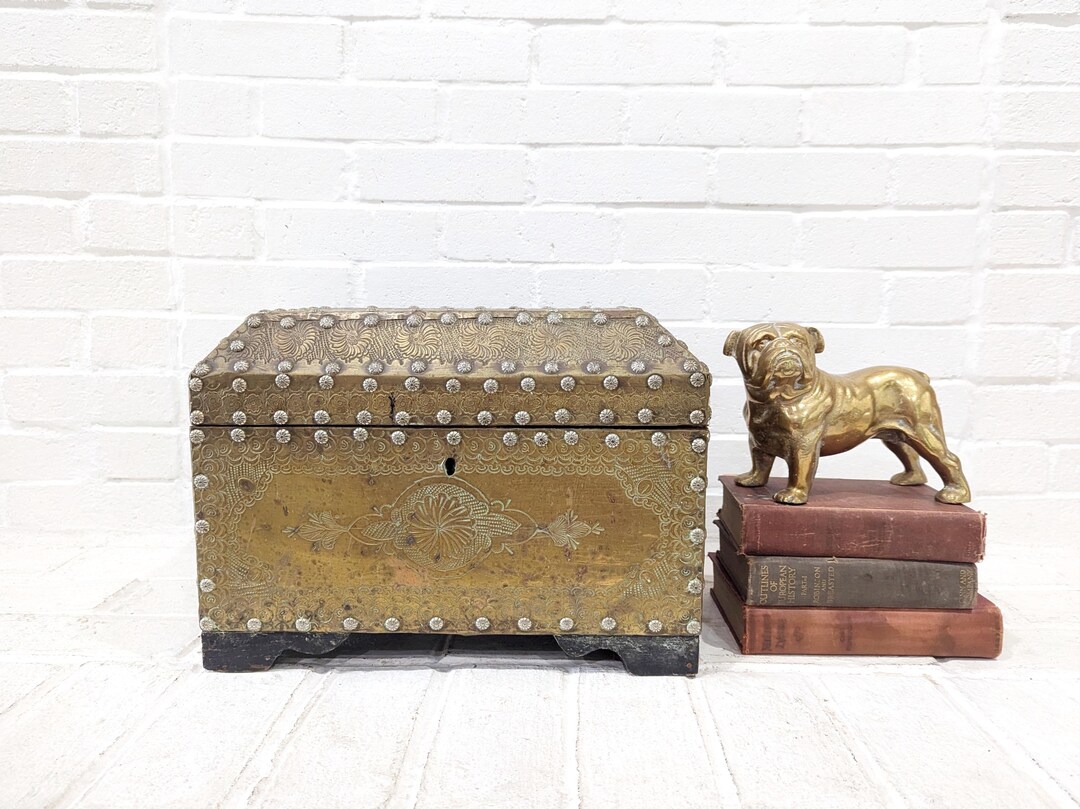 Antique Brass Chest // Vintage Stamped Brass Treasure Chest, Wedding ...